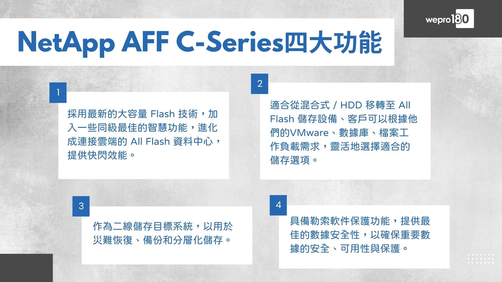 【一舉兩得】NetApp AFF C-Series夠慳位 節省85%電力冷卻成本 - wepro180