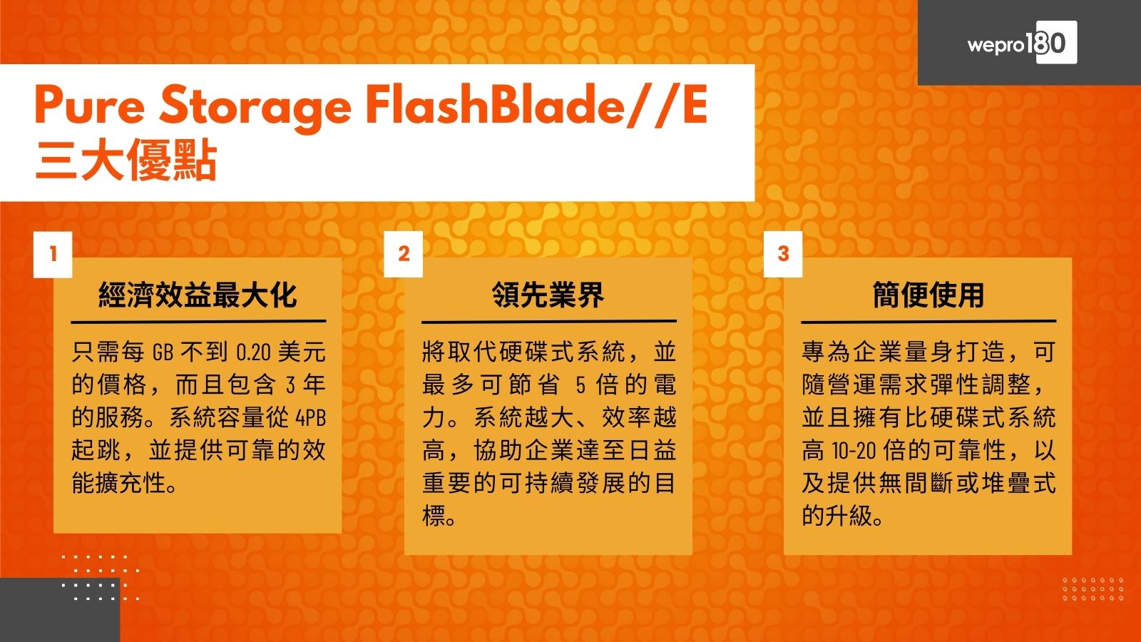 【效率最大化】FlashBlade//E輕鬆管理大規模非結構性數據 節省企業5倍電力 - wepro180
